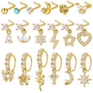 bonuci 18 pcs dangle nose ring l shaped dangling nose stud nose ring hoop indian nose piercing jewelry with charm (gold)