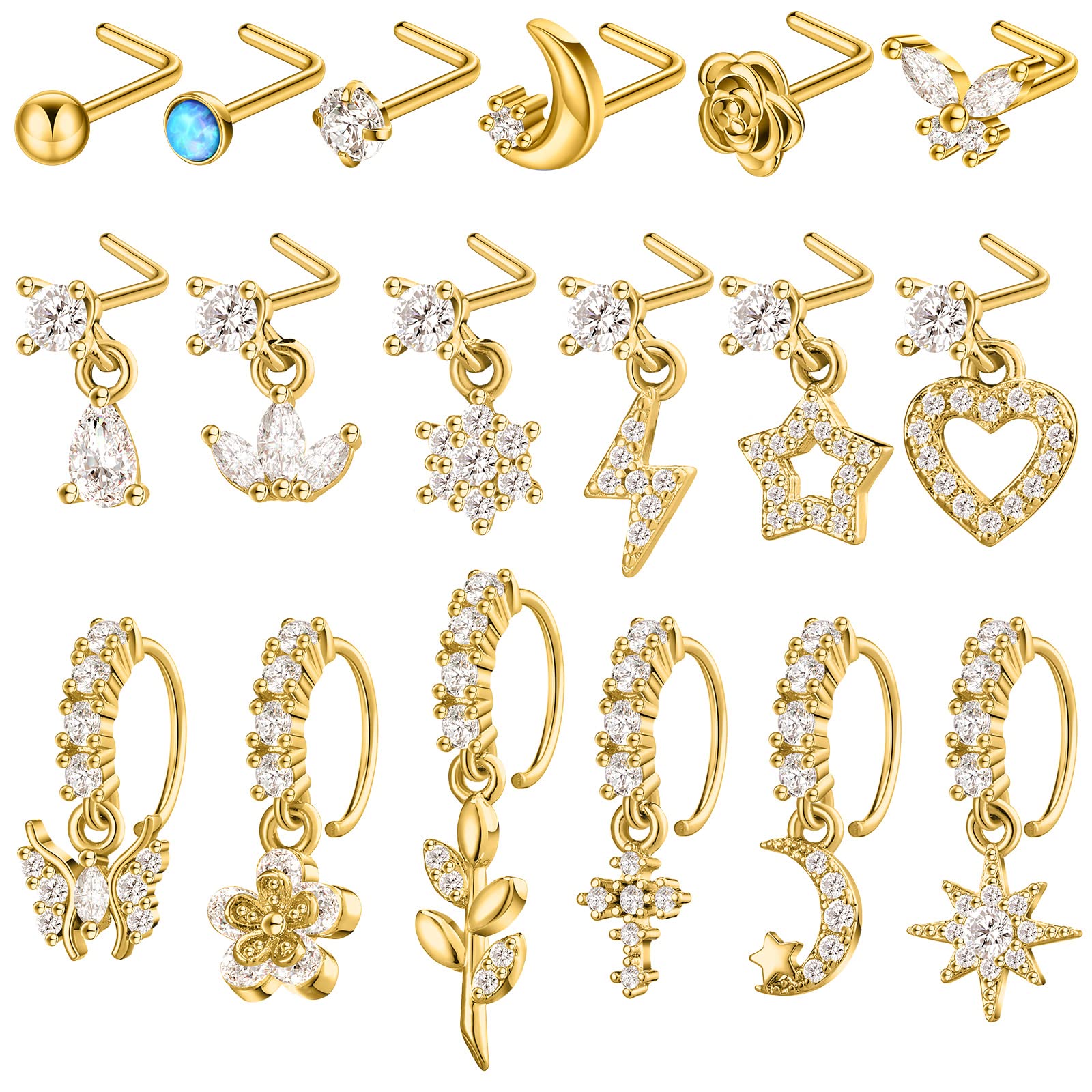 Bonuci 18 Pcs Dangle Nose Ring L Shaped Dangling Nose Stud Nose Ring Hoop Indian Nose Piercing Jewelry with Charm (Gold)