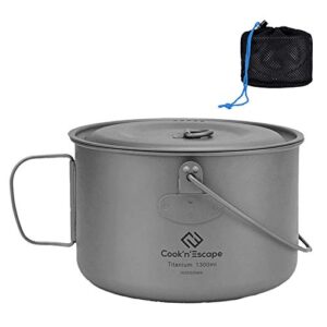 cook'n'escape 1300ml titanium hanging pot with lid cookware pot with collapsible foldable bail handle outdoor camping drinking cup backpacking hiking campfire, grey