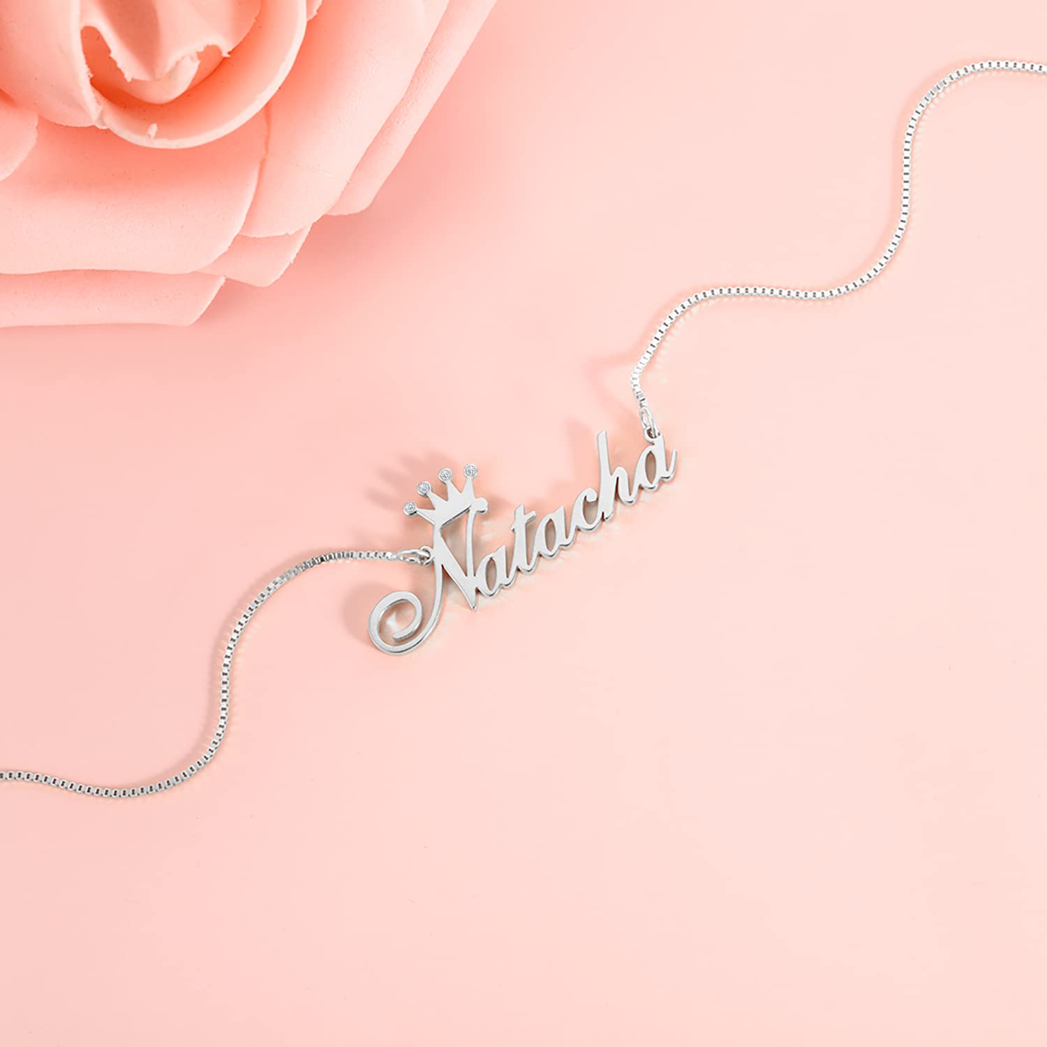 BETHZA Diamond Name Necklace Personalized 925 Sterling Silver Customize Nameplate Pendant Necklaces with Crown Gift for Women Mom