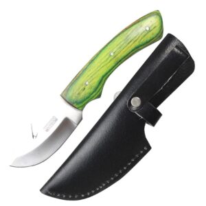 defender xtreme 8" green wood handle stainless steel hook blade hunting knife with sheath