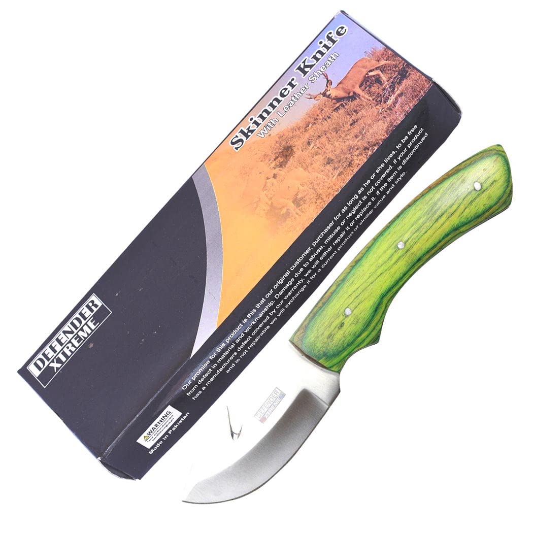 DEFENDER XTREME 8" Green Wood Handle Stainless Steel Hook Blade Hunting Knife With Sheath