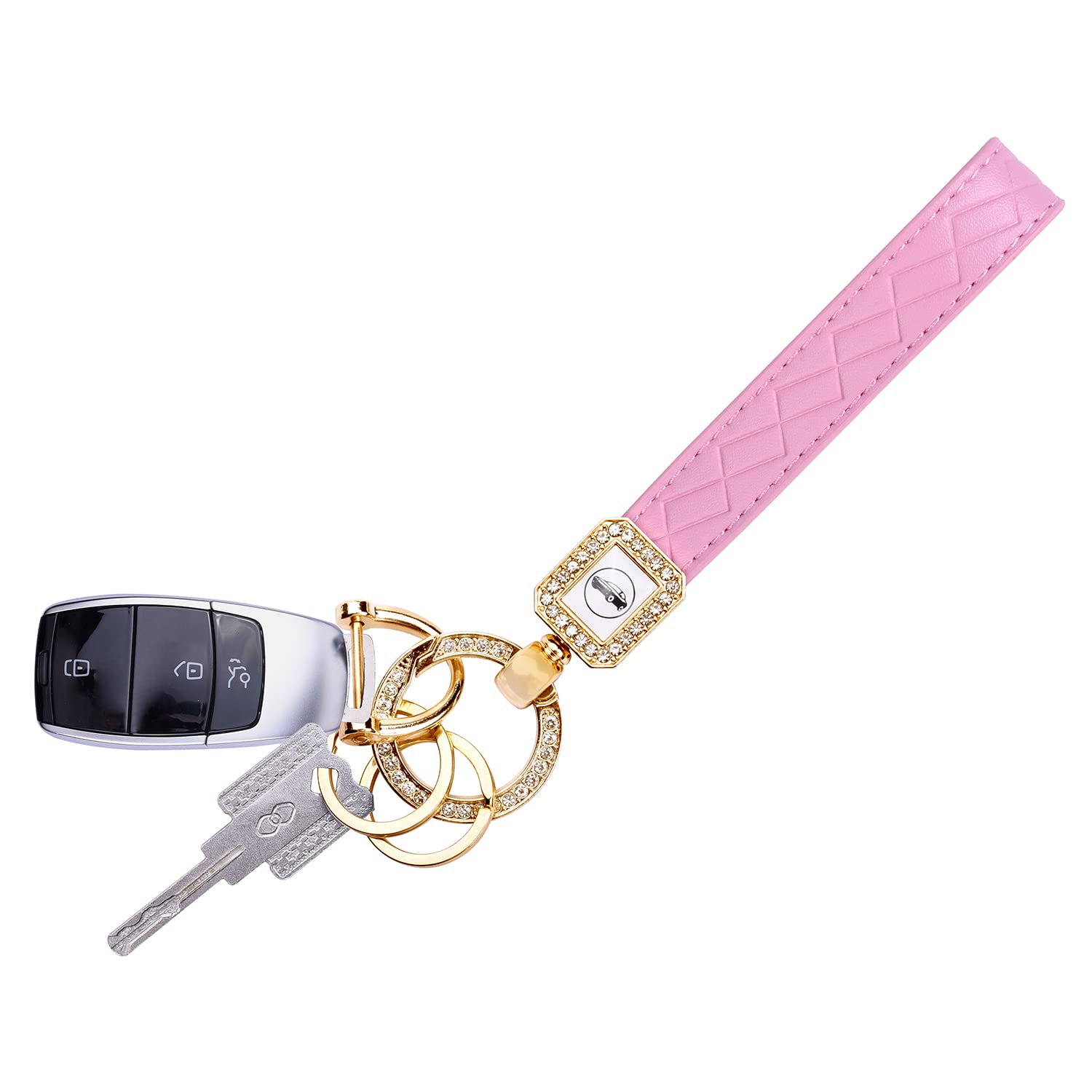 Wisdompro Microfiber Leather Car Keychain, Universal Bling Car Key FOB Keychain Key Chain Holder with Anti-lost D-ring and 2 Keyrings for Women - Pink