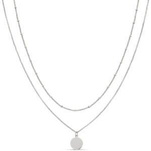 amazon essentials sterling silver plated polished disc and beaded chain 2 row layer necklace, sterling silver