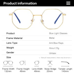 Gleyemor Blue Light Glasses for Women Men Vintage Octagonal Metal Gold Frame Computer Glasses (Gold)