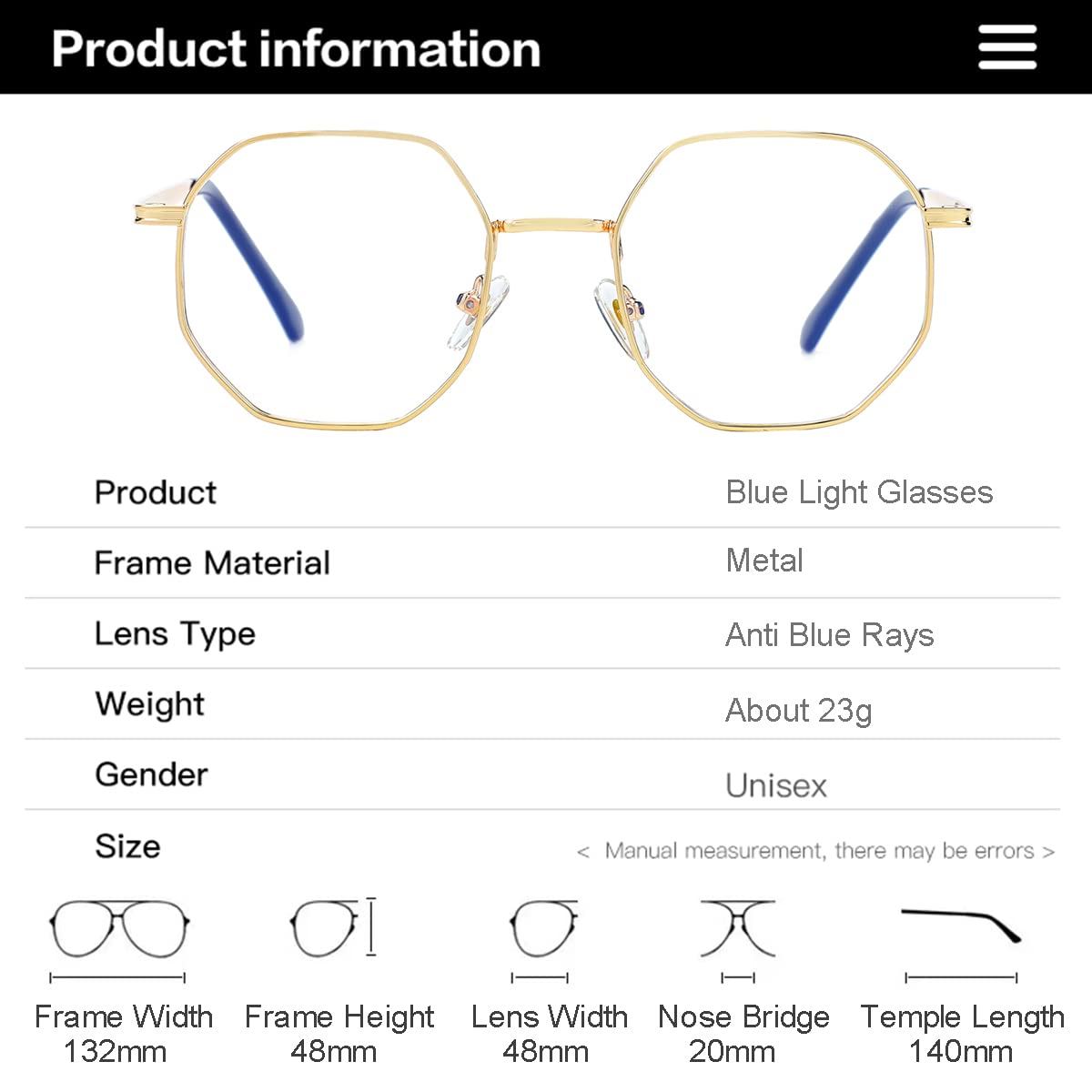 Gleyemor Blue Light Glasses for Women Men Vintage Octagonal Metal Gold Frame Computer Glasses (Gold)