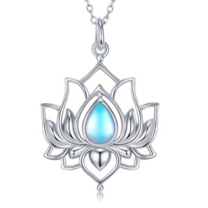 moonstone lotus necklaces for women,925 sterling silver lotus pendant necklace with rainbow moonstone, sterling silver, moonstone