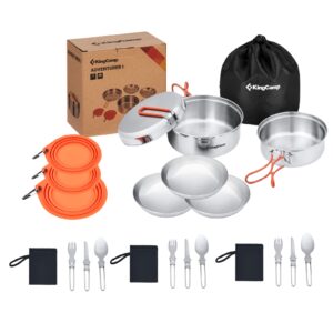 kingcamp stainless steel camping cookware set open fire cookware backpacking cooking mess kit lightweight camping pots and pans with plates and bowls kit hiking cooking gear 25 pcs for 3 person