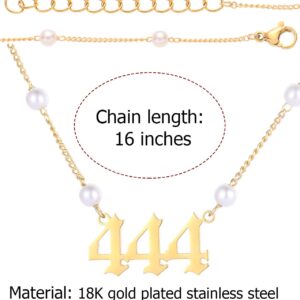 TGOLM 444 Necklace Gold Plated Stainless Steel Faux Pearl Choker Angel Number Chain Gift for Women 16"