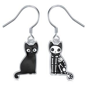 cute black cat earrings 925 sterling silver halloween black cat skeleton cat drop dangle earrings halloween jewelry for women