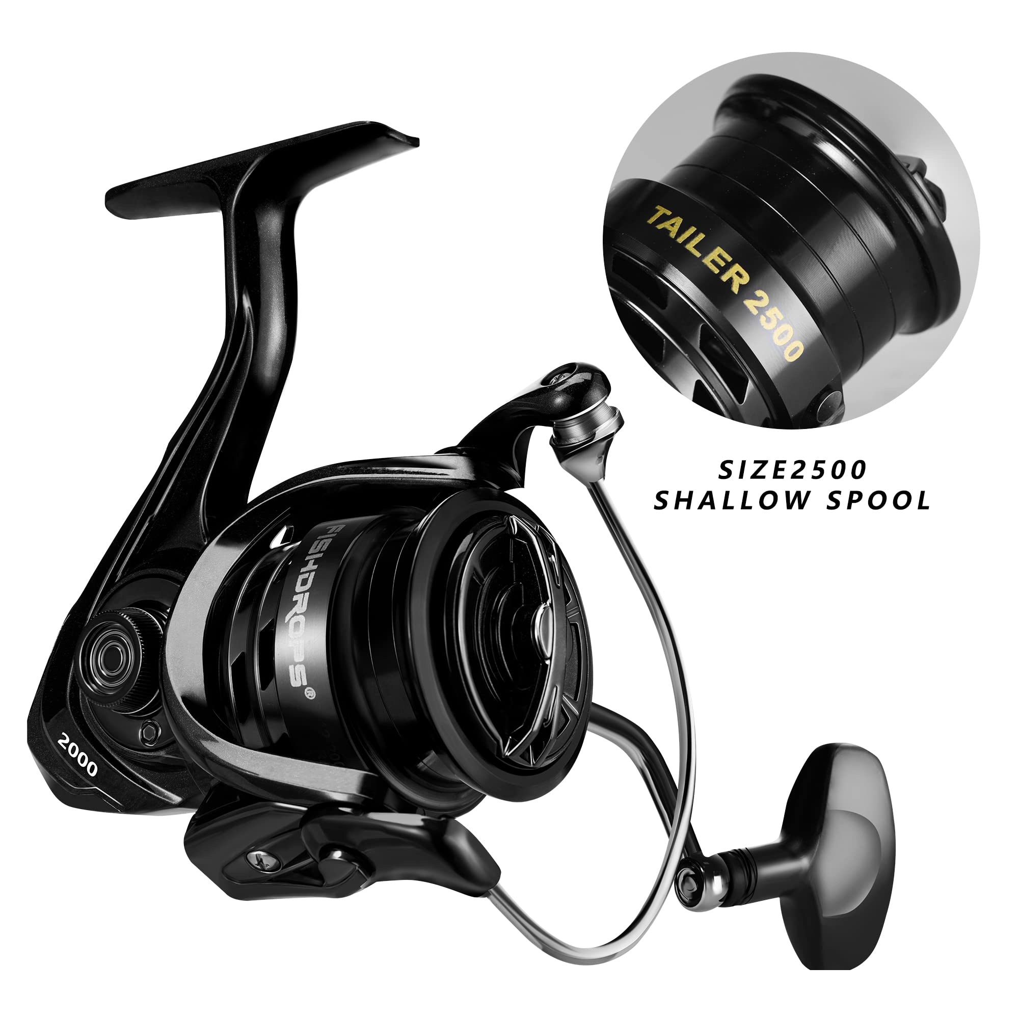 Fishdrops Fishing Reels Spinning, 5+1BB Anti-Reverse with Left/Right Interchangeable Golden Handle, 7.5 oz Ultralight Spinning Reels, 5.5:1 High Speed with Deep/Shallow Aluminum Spool for Freshwater