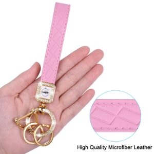 Wisdompro Microfiber Leather Car Keychain, Universal Bling Car Key FOB Keychain Key Chain Holder with Anti-lost D-ring and 2 Keyrings for Women - Pink