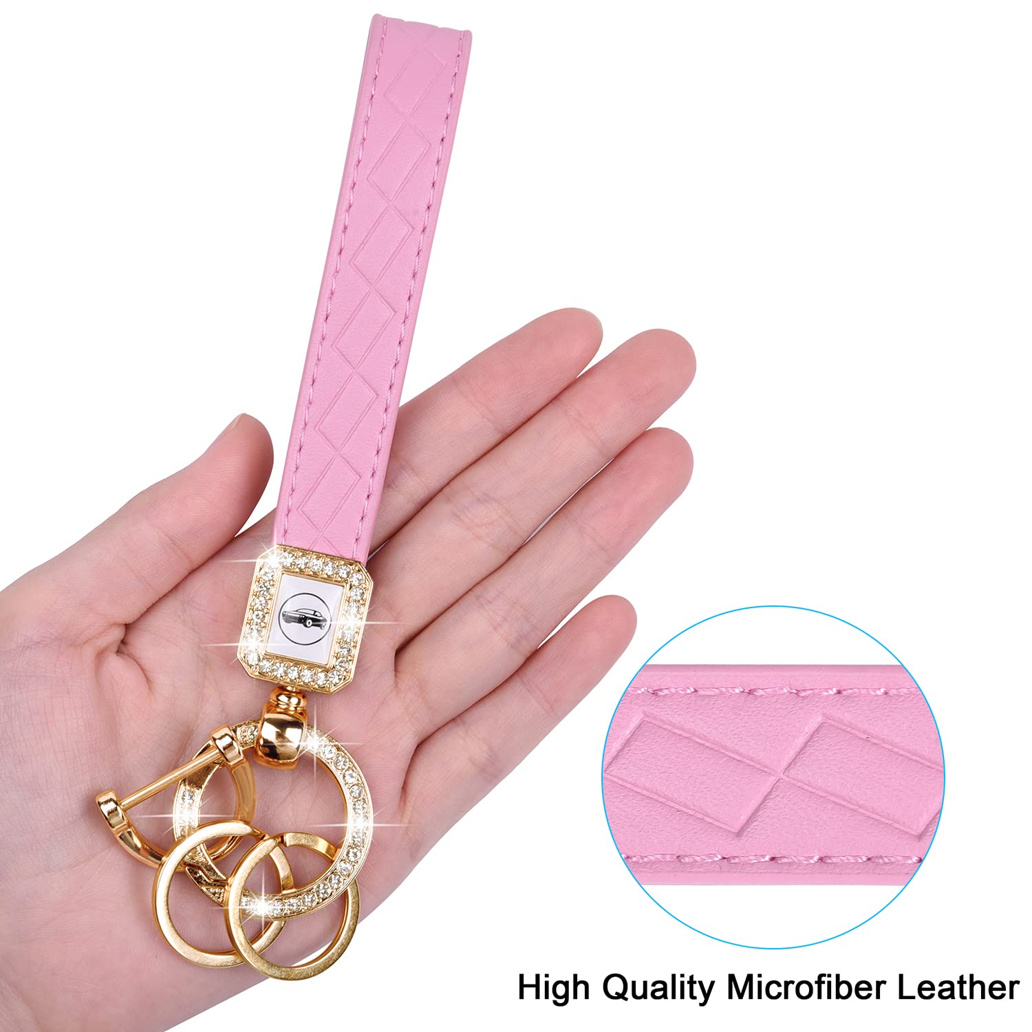 Wisdompro Microfiber Leather Car Keychain, Universal Bling Car Key FOB Keychain Key Chain Holder with Anti-lost D-ring and 2 Keyrings for Women - Pink