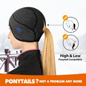 Hikenture Skull Cap Helmet Liner with Ponytail, Women's Winter Thermal Cycling Cap Running Hat Beanie with Glasses Holes Grey