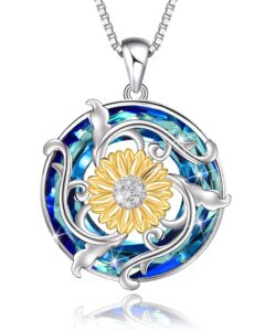 hotie sunflower necklaces for women 925 sterling silver butterfly birth flower necklace with blue crystal pendant necklace, birthday anniversary jewelry gifts for women wife girls