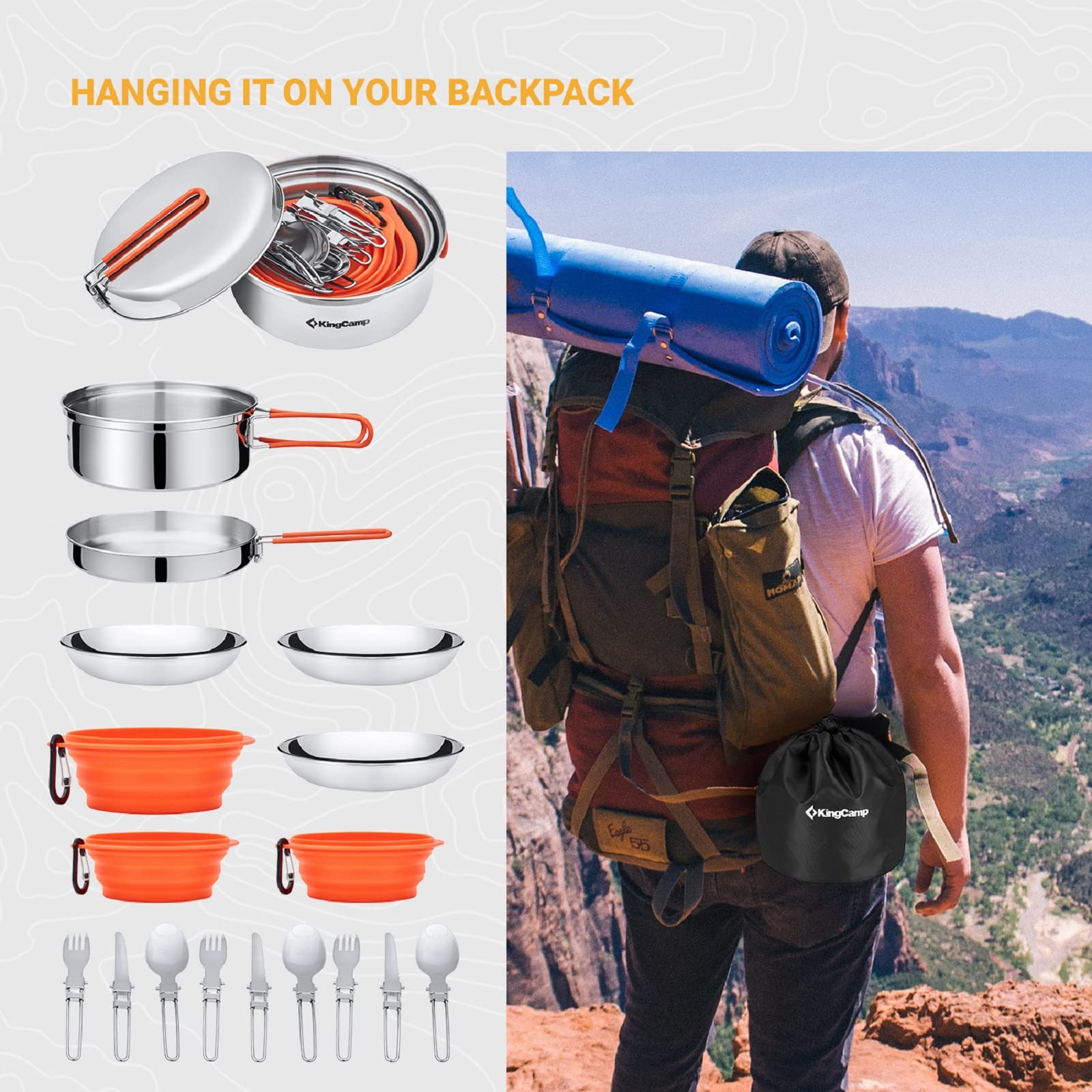 KingCamp Stainless Steel Camping Cookware Set Open Fire Cookware Backpacking Cooking Mess Kit Lightweight Camping Pots and Pans with Plates and Bowls Kit Hiking Cooking Gear 25 PCS for 3 Person