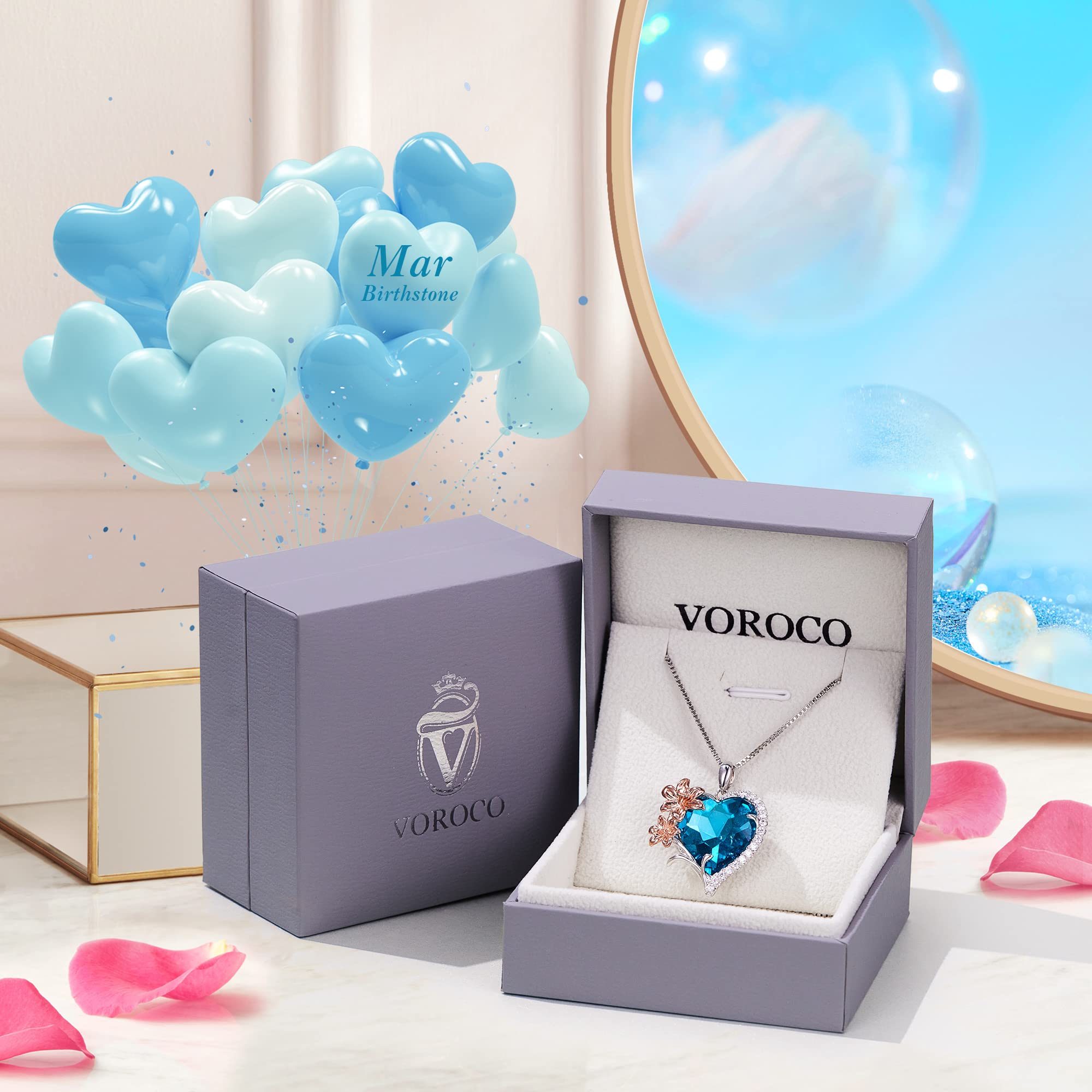 VOROCO Heart shaped crystal birthstone necklace with birthday flowers，925 Sterling Silver Pendant Love Necklace for women gifts