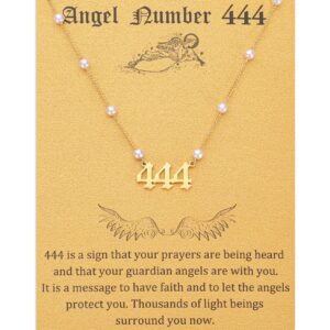 TGOLM 444 Necklace Gold Plated Stainless Steel Faux Pearl Choker Angel Number Chain Gift for Women 16"