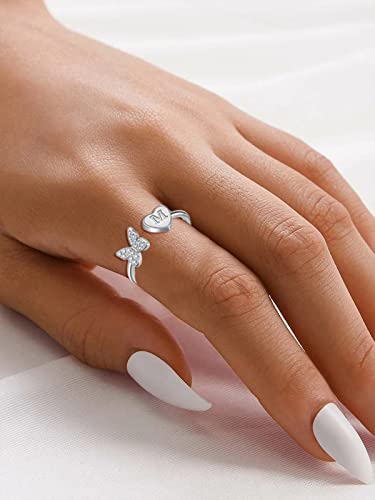 Sora Tuki M Initial Ring for Women Silver Letter Ring Adjustable Rings Butterfly Heart Initial Rings for Women Dainty Stackable Rings Cute Silver Rings