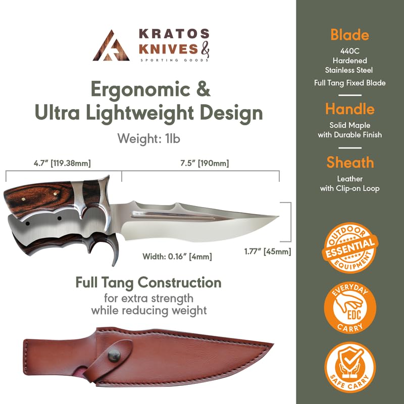 Kratos Hunting Knife with Sheath, 12.2" Survival Knife Full Tang Knife, 440 Stainless Steel Fixed Blade Hunting Knives with Wood Handle ZF11