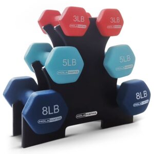 holahatha hex dumbbell weight training home gym equipment set with 3, 5, and 8 pound fitness hand weights and storage organization rack, multicolor