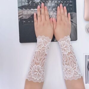 CENAST Women's Lace Arm Sleeve Elastic Sleeve Gloves Short Fingerless Mittens Sunscreen Glove White#14