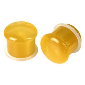 pair of yellow cat eye stone single flare plugs (stn-723) (9/16" (14mm))