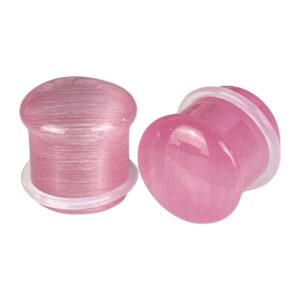 pair of pink cat eye stone single flare plugs (stn-720) (6g (4mm))