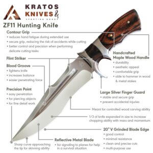 Kratos Hunting Knife with Sheath, 12.2" Survival Knife Full Tang Knife, 440 Stainless Steel Fixed Blade Hunting Knives with Wood Handle ZF11