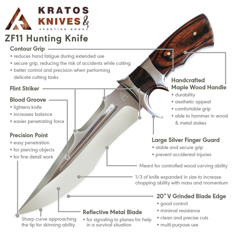 Kratos Hunting Knife with Sheath, 12.2" Survival Knife Full Tang Knife, 440 Stainless Steel Fixed Blade Hunting Knives with Wood Handle ZF11