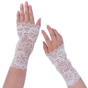 cenast women's lace arm sleeve elastic sleeve gloves short fingerless mittens sunscreen glove white#14