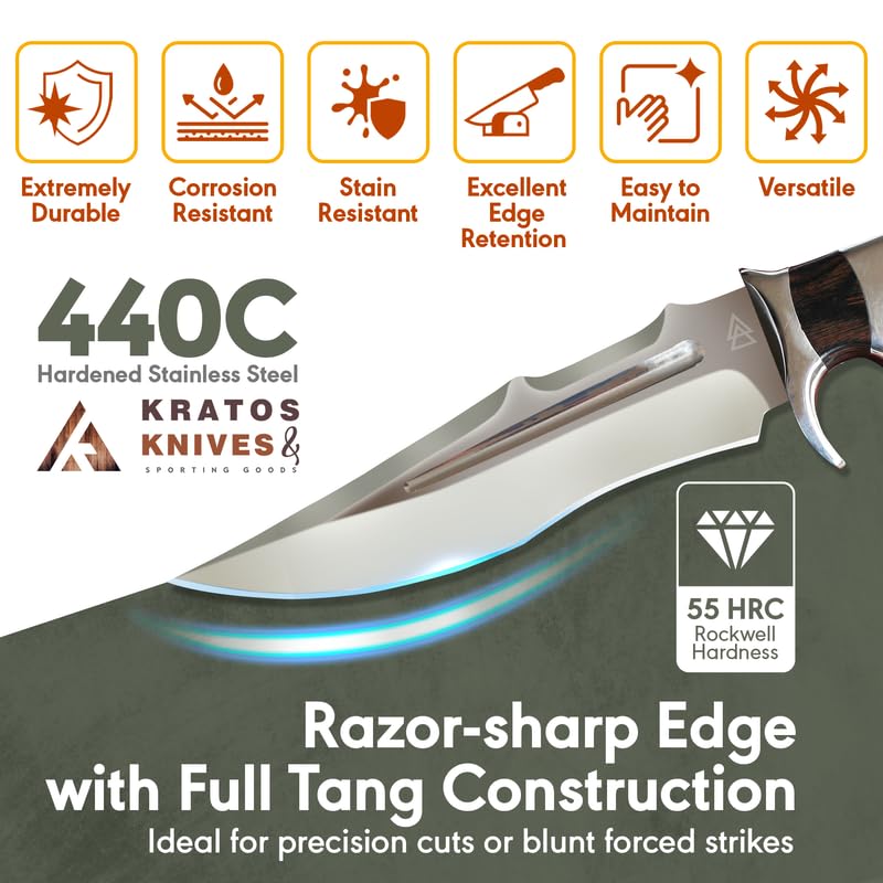 Kratos Hunting Knife with Sheath, 12.2" Survival Knife Full Tang Knife, 440 Stainless Steel Fixed Blade Hunting Knives with Wood Handle ZF11