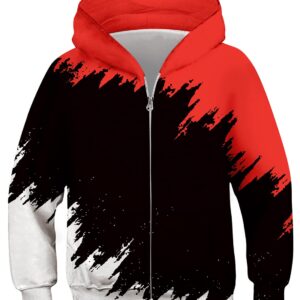 uideazone Big Boys Girls Zipper Hooded Sweatshirts Size 9t Black Red Hoody Hoodies Long Sleeve Autumn Contrasting Colors Jacket Color Block Cost with Pockets 8-10T