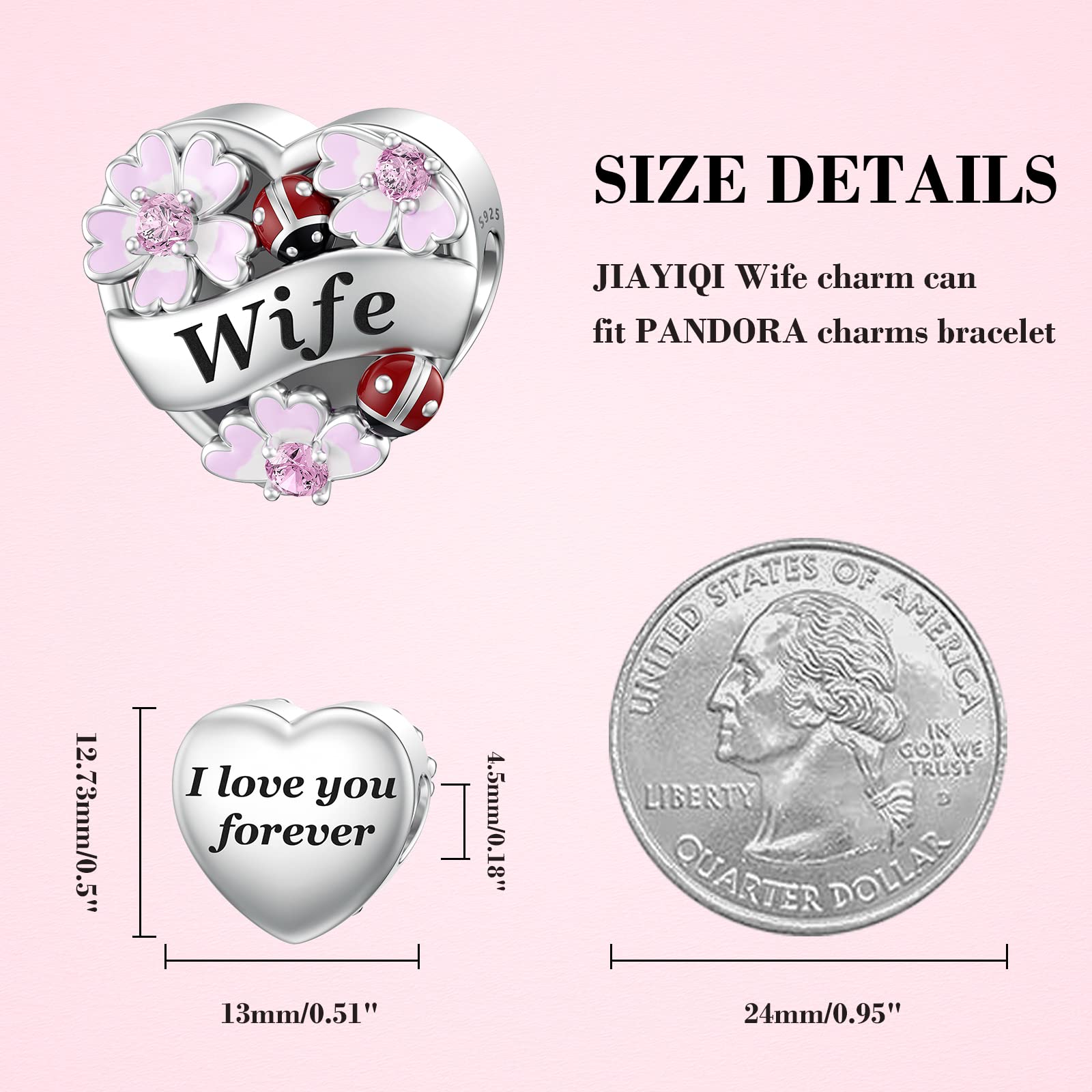 JIAYIQI Wife Charms for Pandora Charms Bracelet I Love You Forever Sterling Silver Daisy Ladybug Love Charms Bead Christmas Birthday Valentine's Day Present for Wife from Husband