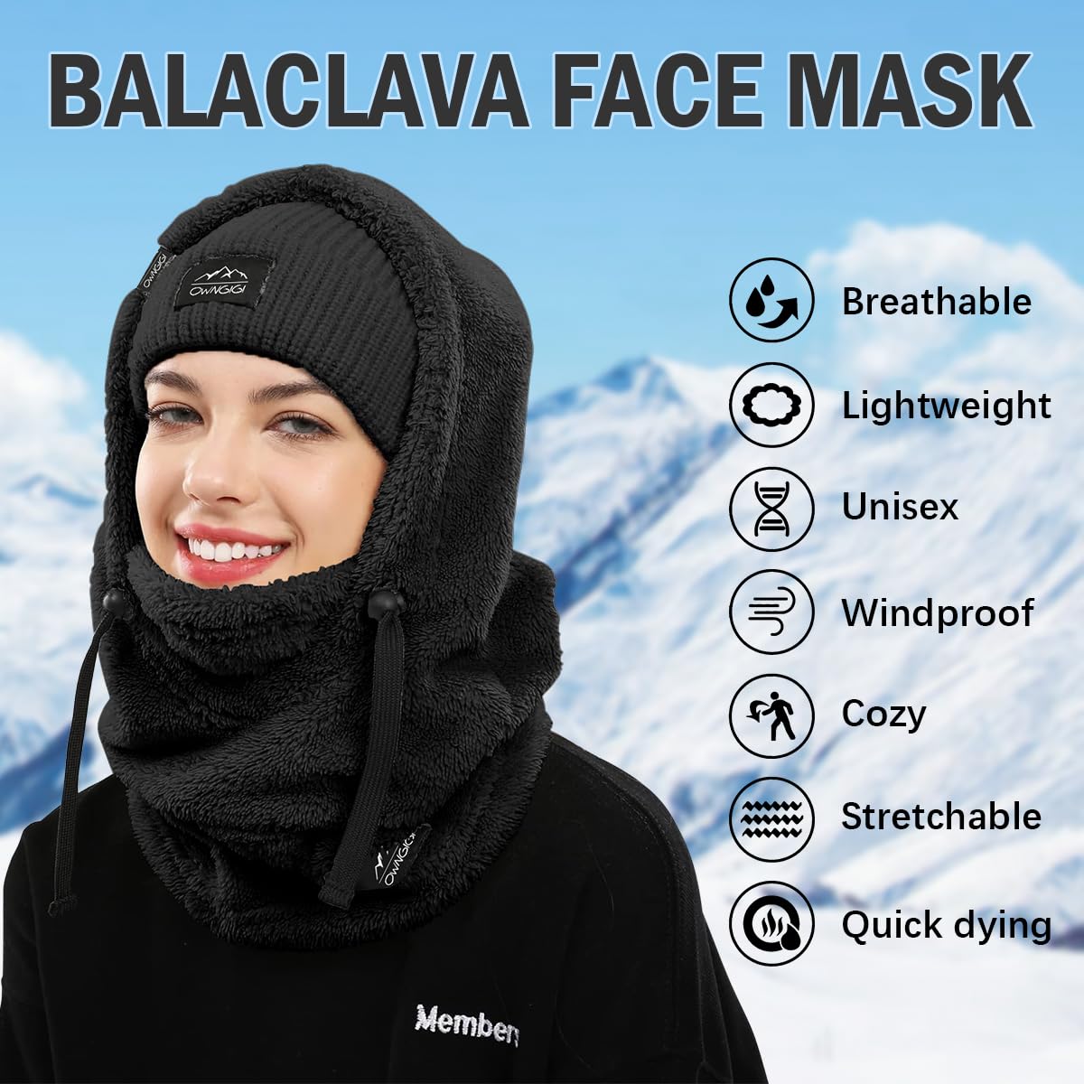 OWNGIGI Balaclava Winter Ski Mask for Men and Women Cold Weather Fleece Windproof Face Cover Warmer Scarf Sherpa Hood Black