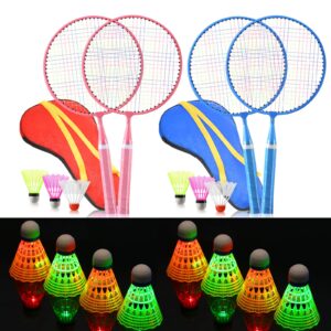 2 pairs badminton rackets set for children kid shuttlecocks sports nylon alloy badminton racquet set with 8 led badminton birdies, 6 non luminous badminton birdies and 2 carrying bags,night pink blue