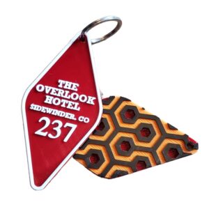 room 237 hexagon keychain from the overlook hotel in the shining, red, orange, black, white