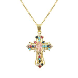 agriajun colorful gold cross pendant y2k necklace for women - cute multicolor pink crystal cubic zirconia turquoise stone gothic cross necklaces costume christmas goth chain prom jewelry gift