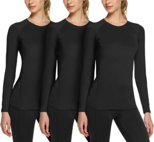 tsla women's sports compression shirt, cool dry fit long sleeve workout tops, athletic exercise gym yoga shirts, 3pack black/black/black, small