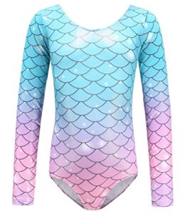 seaur kids leotard gymnastics dance leotards for girls gymnastics bodysuit long sleeve one-piece sparkle mermaid dance outfit athletic dancewear 13-14