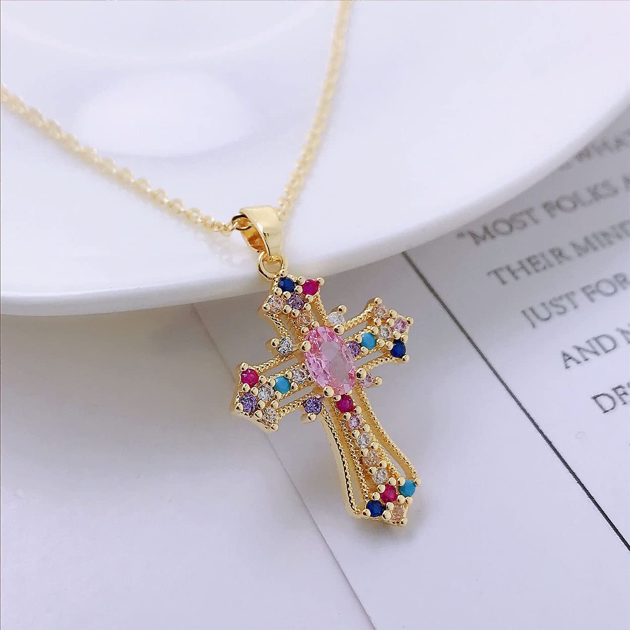 Agriajun Colorful Gold Cross Pendant Y2k Necklace for Women - Cute Multicolor Pink Crystal Cubic Zirconia Turquoise Stone Gothic Cross Necklaces Costume Christmas Goth Chain Prom Jewelry Gift