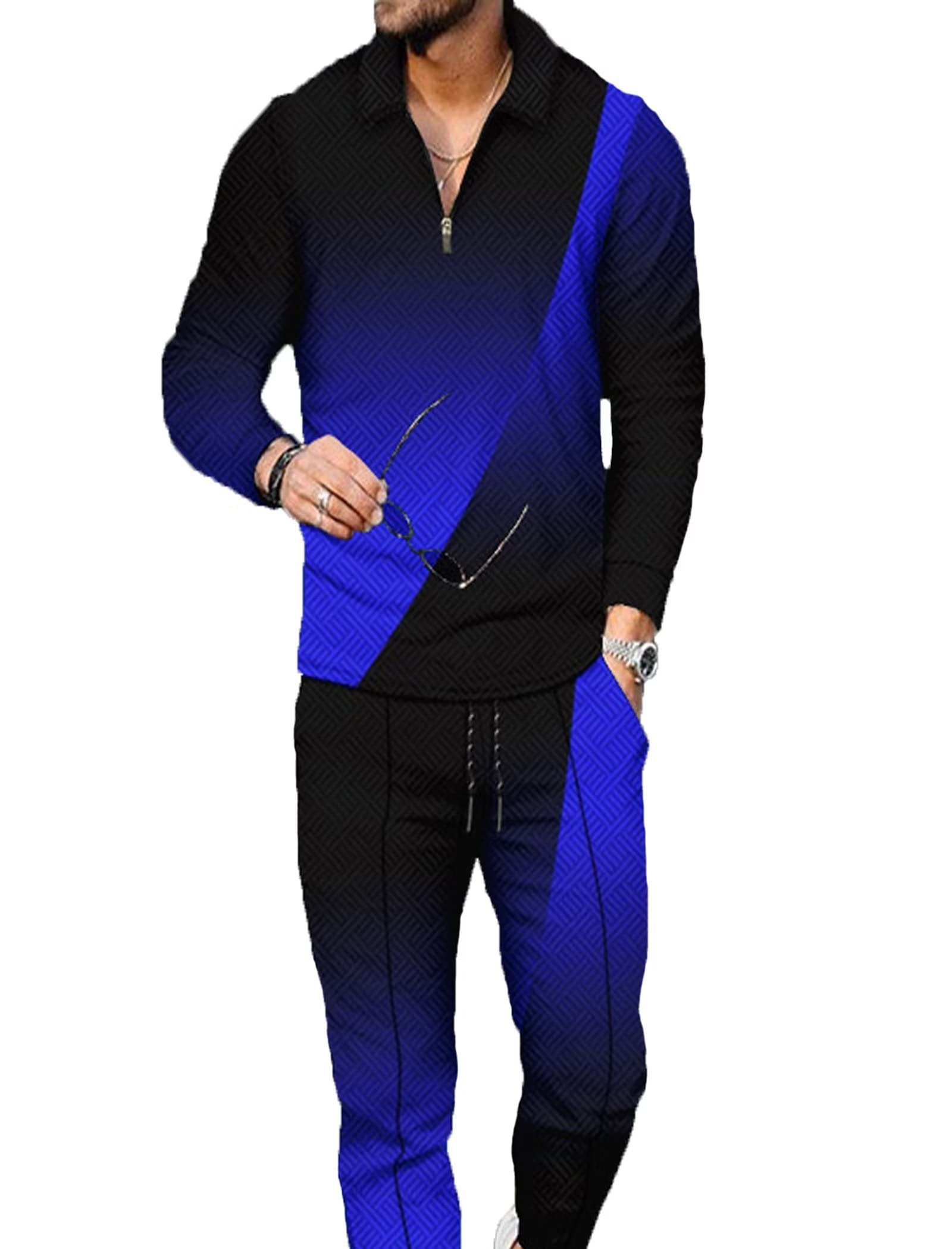 BURWOF Size L Black Blue Mixed Men's Polo Track Suit Sets Long Sleeve Mens Outfits 2 Piece Fashion Sweatsuit Comfy Casual Set for Men