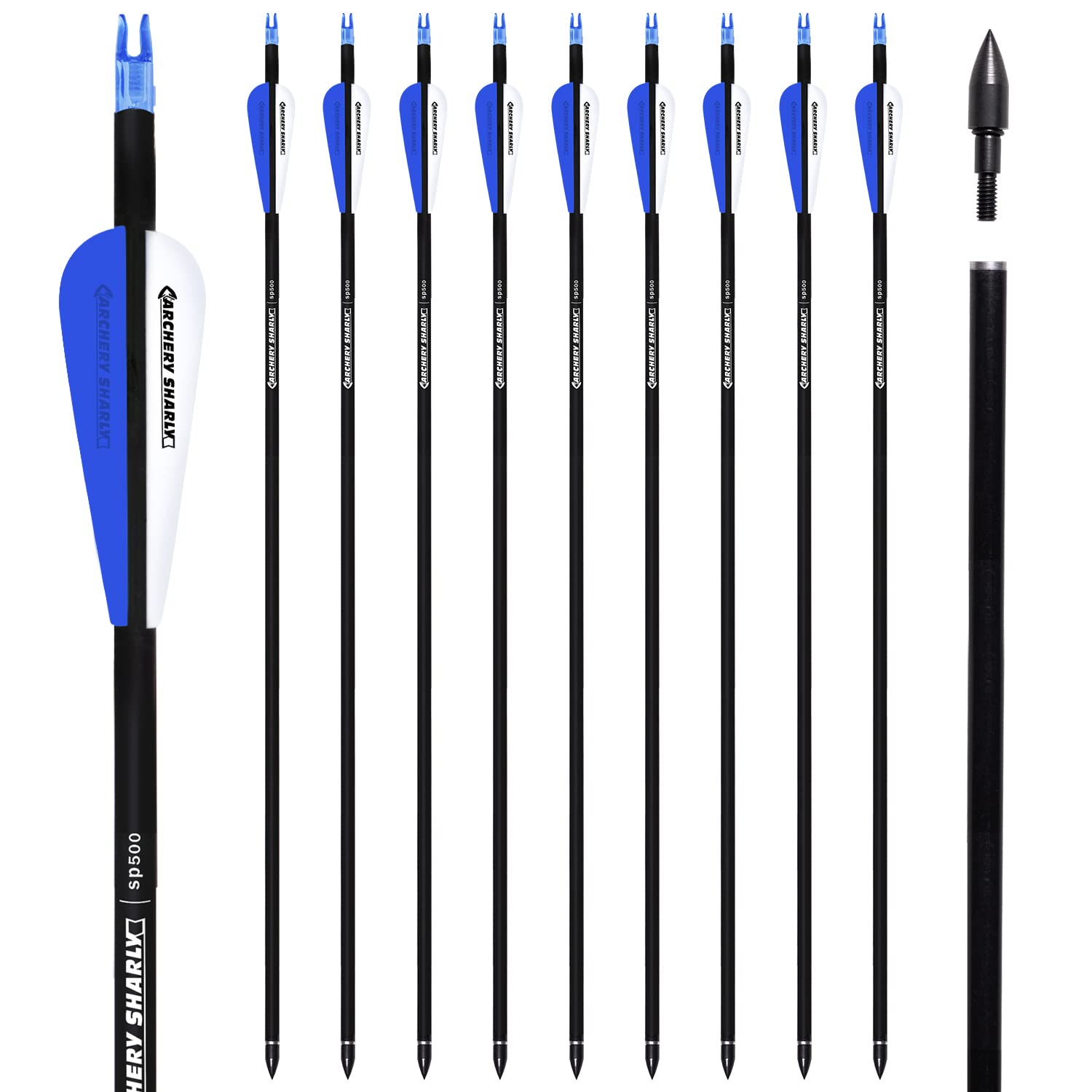 ARCHERY SHARLY 30Inch Carbon Hunting Arrow, Targeting Practice Arrows for Compound & Recurve Bow, Blue White Arrows with Removable Tips & Replaceable Nocks (12 Pack)