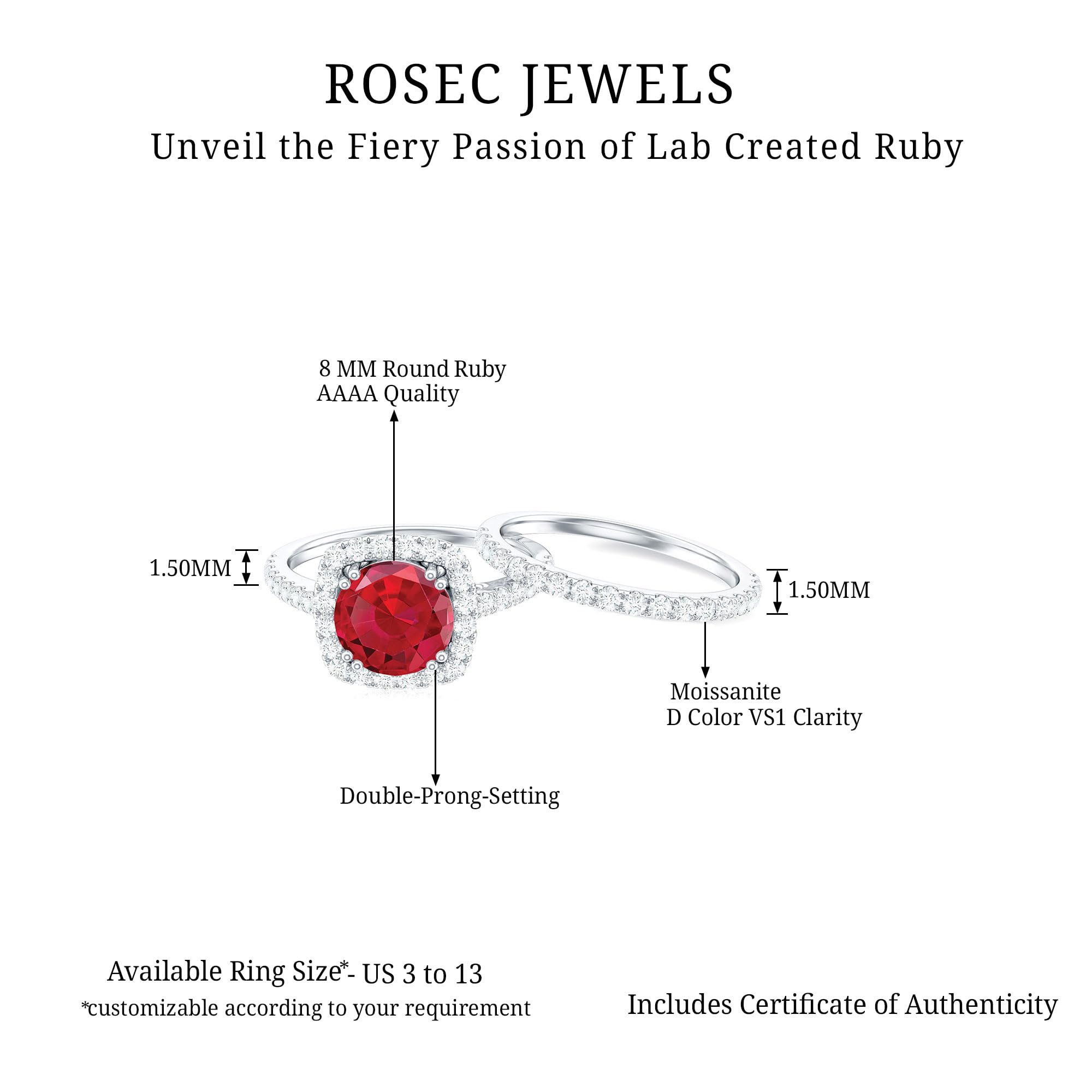 Certified Lab Grown Ruby Moissanite Wedding Ring Set, Aaaa Grade, 8 mm Round Ruby Halo Engagement Ring with Band - With Jewelry Box, 14K White Gold, Size:US 5.50