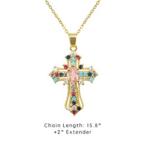 Agriajun Colorful Gold Cross Pendant Y2k Necklace for Women - Cute Multicolor Pink Crystal Cubic Zirconia Turquoise Stone Gothic Cross Necklaces Costume Christmas Goth Chain Prom Jewelry Gift