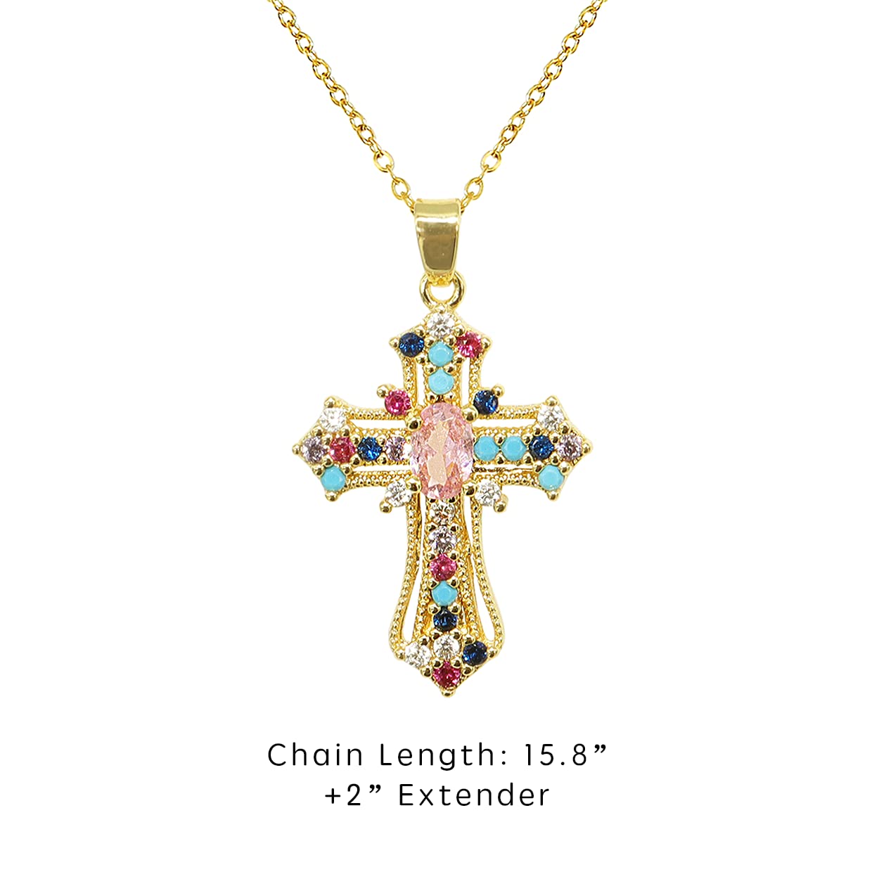 Agriajun Colorful Gold Cross Pendant Y2k Necklace for Women - Cute Multicolor Pink Crystal Cubic Zirconia Turquoise Stone Gothic Cross Necklaces Costume Christmas Goth Chain Prom Jewelry Gift