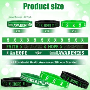 Sosation 48 Pcs Mental Health Awareness Bracelet Gifts Green Mental Faith Courage Hope Silicone Motivational Bracelets for Men Women