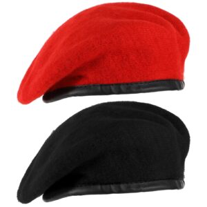 zhehao adjustable wool berets solid color military army style berets beret hats for men and women with faux leather trim (red, black, 2 pcs)