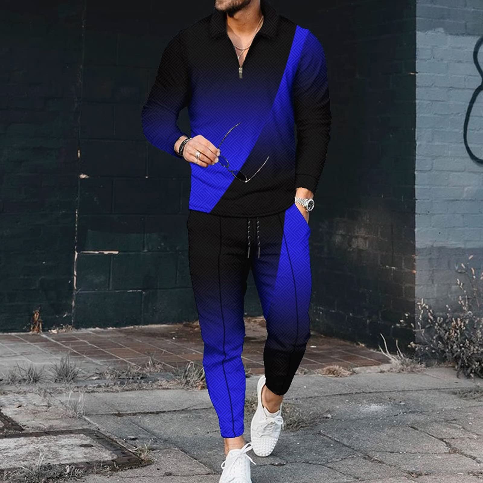 BURWOF Size L Black Blue Mixed Men's Polo Track Suit Sets Long Sleeve Mens Outfits 2 Piece Fashion Sweatsuit Comfy Casual Set for Men