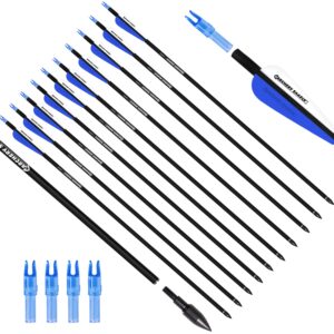 archery sharly 30inch carbon hunting arrow, targeting practice arrows for compound & recurve bow, blue white arrows with removable tips & replaceable nocks (12 pack)